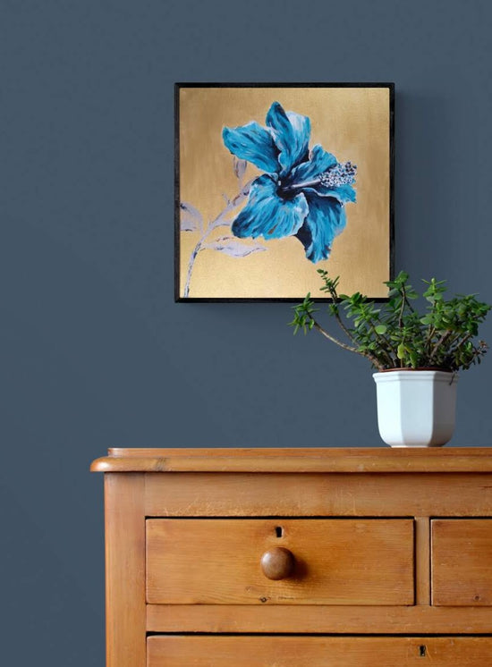 Original Botanical Flower Painting on Canvas Small Gold Teal Turquiose ...
